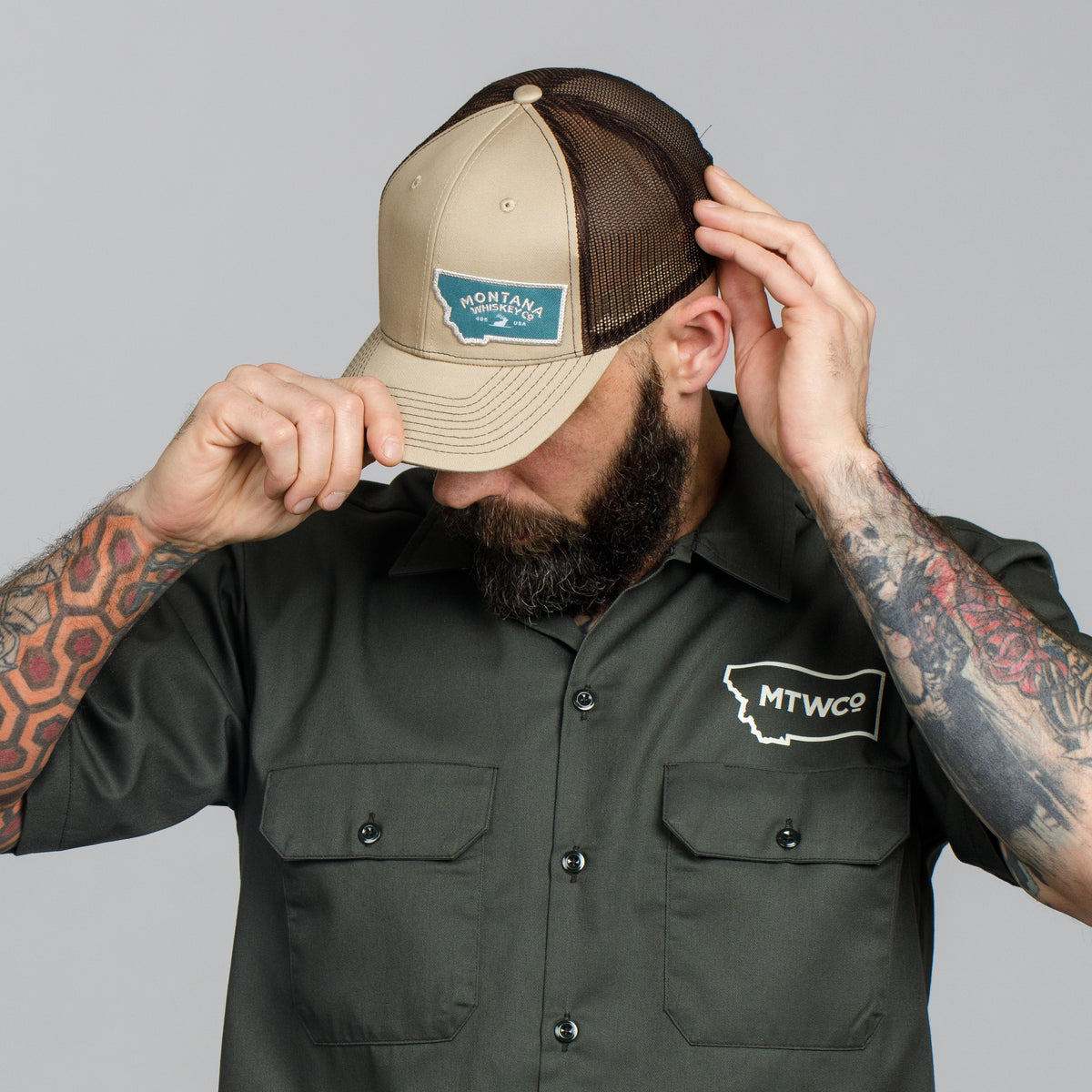 Trucker hat, snap back, khaki/brown. Free 5" logo sticker included ...